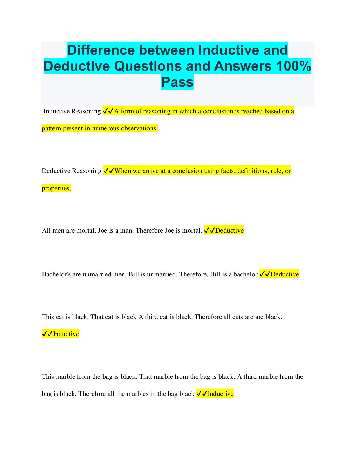 Difference between Inductive and Deductive Questions and Answers 100% Pass - Scholarfriends